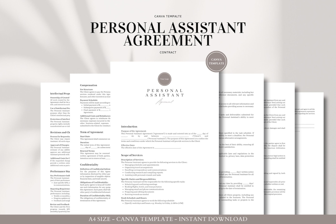 Personal Assistant Agreement Canva Template - Professional and ...
