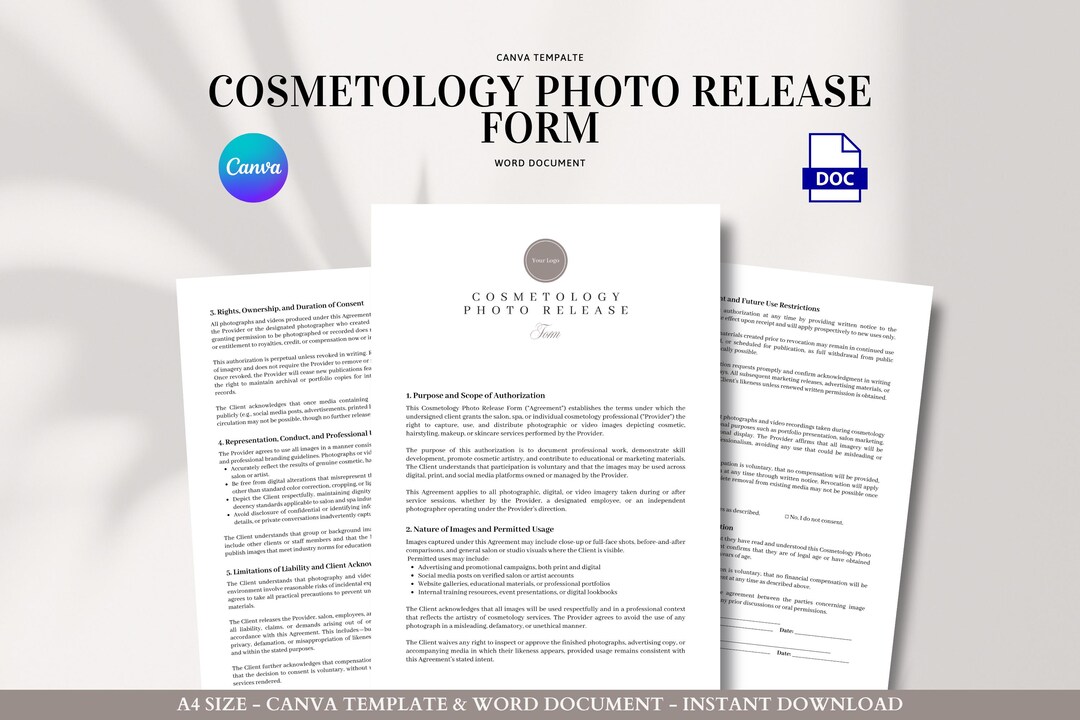 Cosmetology Photo Release Form Template, Editable Client Image Consent ...