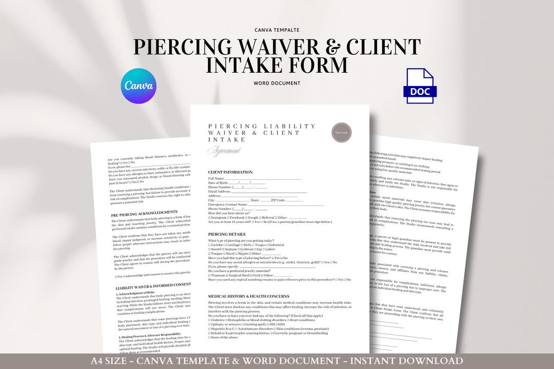 Piercing Liability Waiver Editable Client Intake Form for Ear Nose Body ...