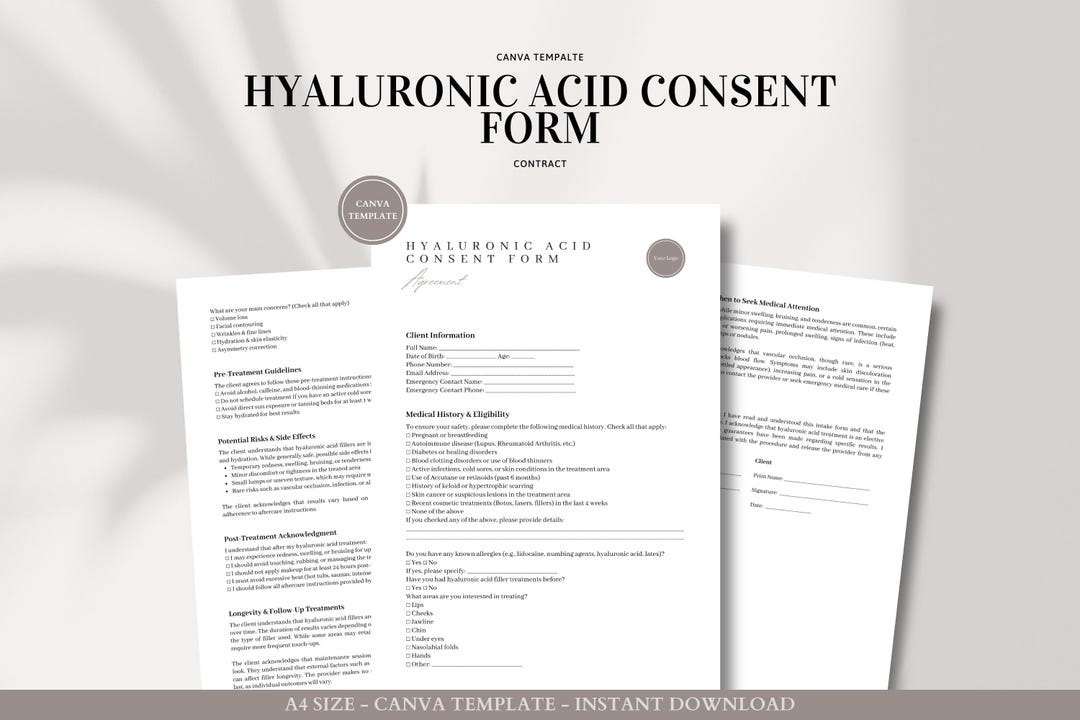 Hyaluronic Acid Consent Form Canva Template | Client Waiver & Dermal ...