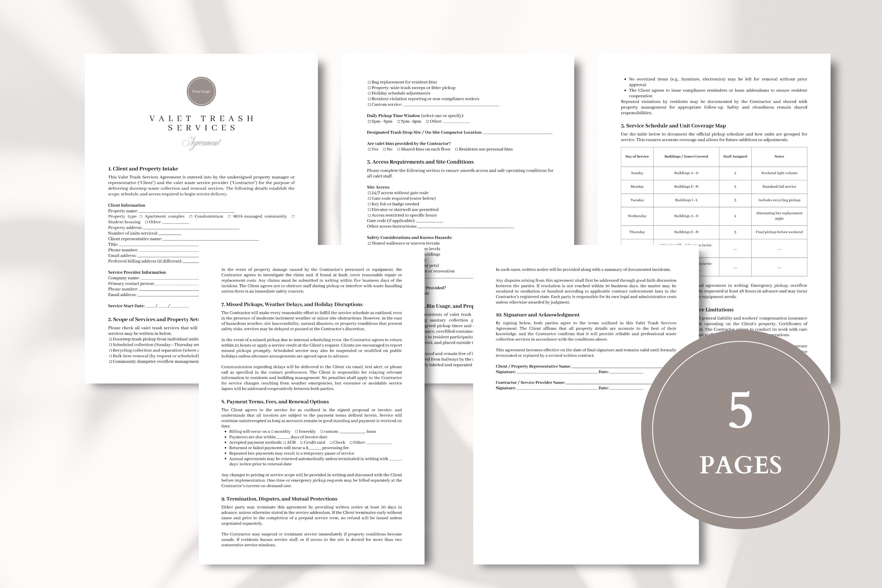Valet Trash Services Contract Template for Apartment Complexes, Hoas ...