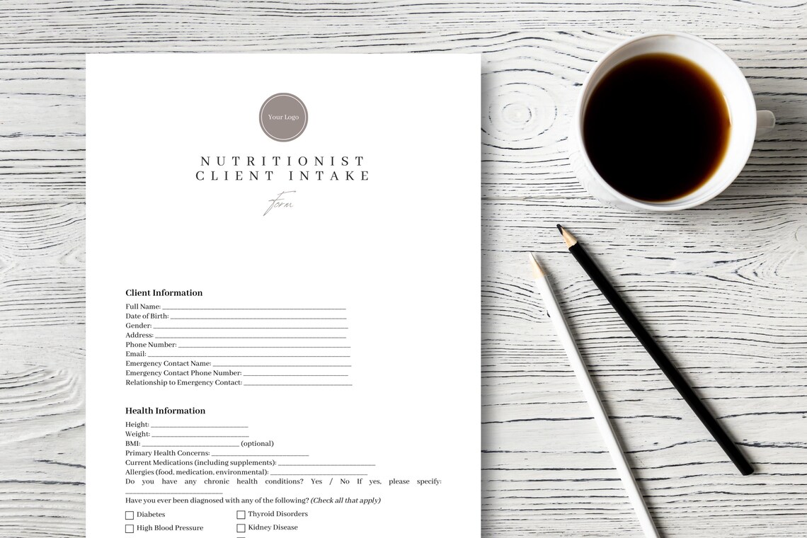 Nutritionist Client Intake Form - Professional Template for Nutritional ...