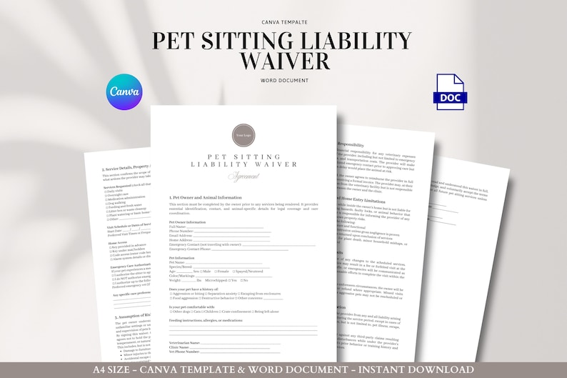 Pet Sitting Liability Waiver Template for Dog and Cat Care, Editable ...