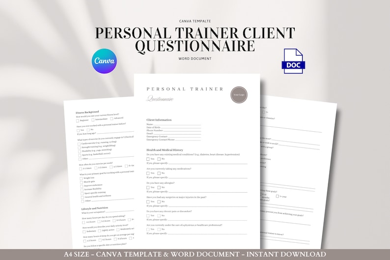 Personal Trainer Client Questionnaire Editable Fitness Intake Form for ...
