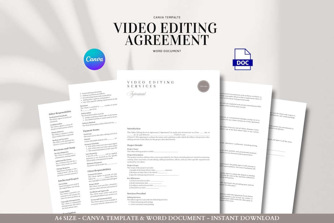 Video Editing Agreement Template Editable Client Contract for Revisions ...