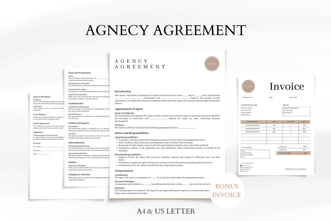 Agency Agreement Template Instant Digital Download for A4 & US Letter ...