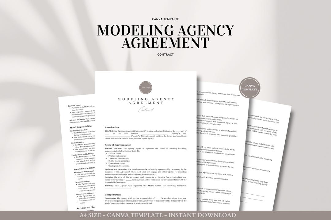 Modeling Agency Agreement Canva Template - Professional Contract for Models and Agencies - Etsy