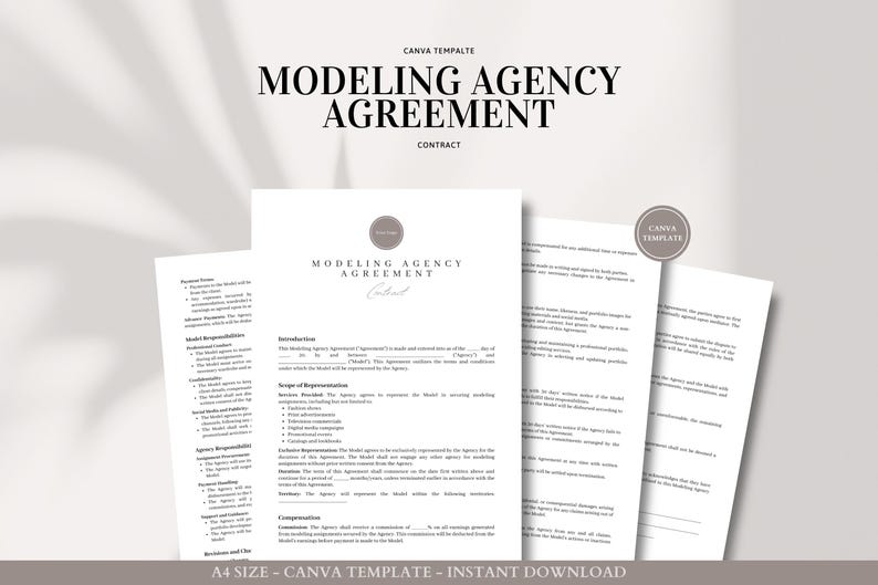 Modeling Agency Agreement Canva Template - Professional Contract for ...