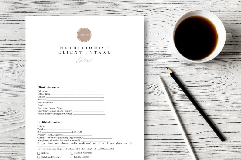 Nutritionist Client Intake Form Professional Template for Nutritional ...