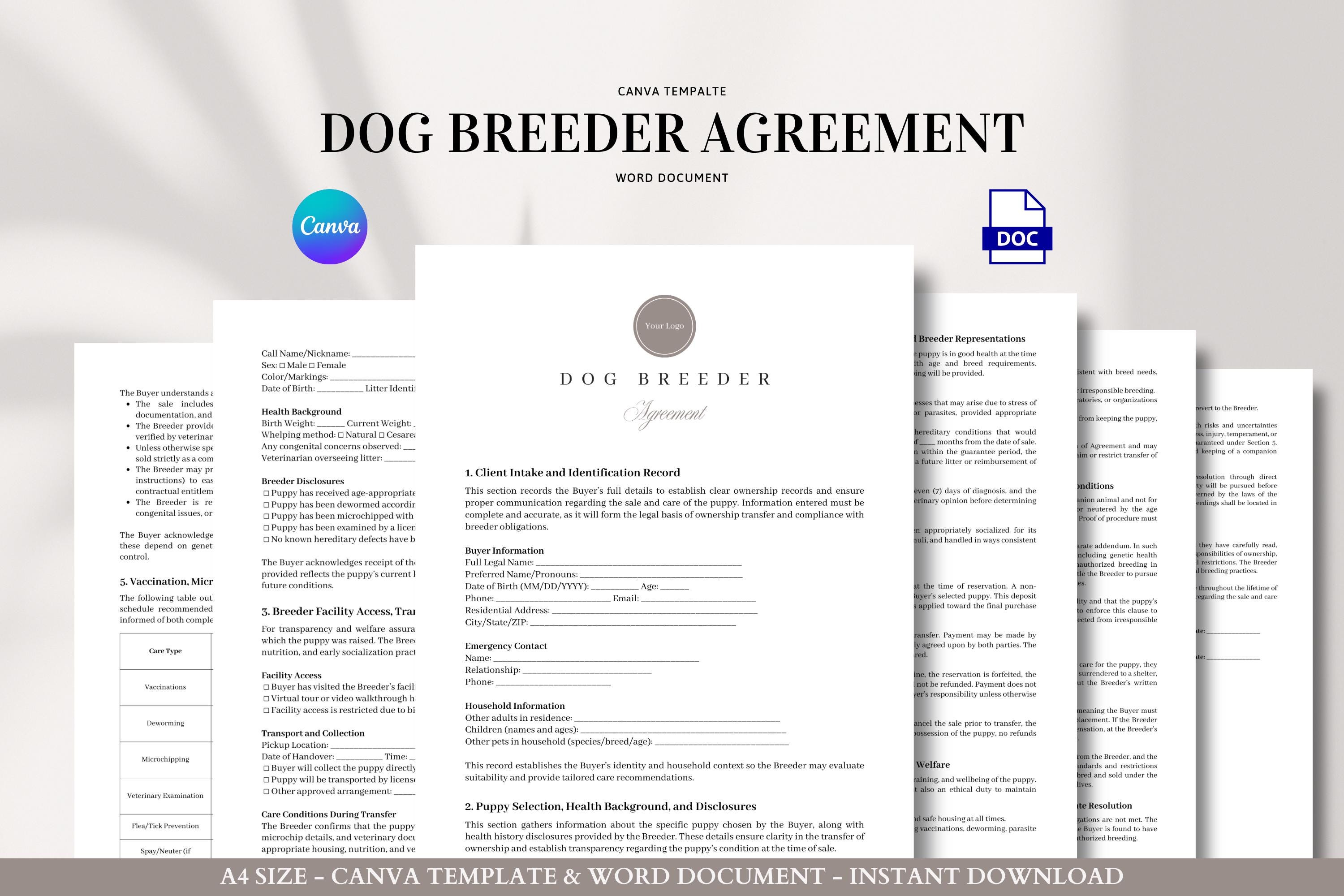 Dog Breeder Agreement Contract Template for Puppy Sales, Health ...