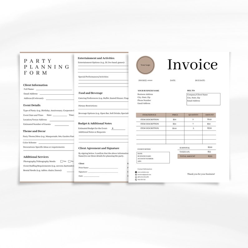 Party Planning Form and Bonus Invoice Template Customizable Canva ...
