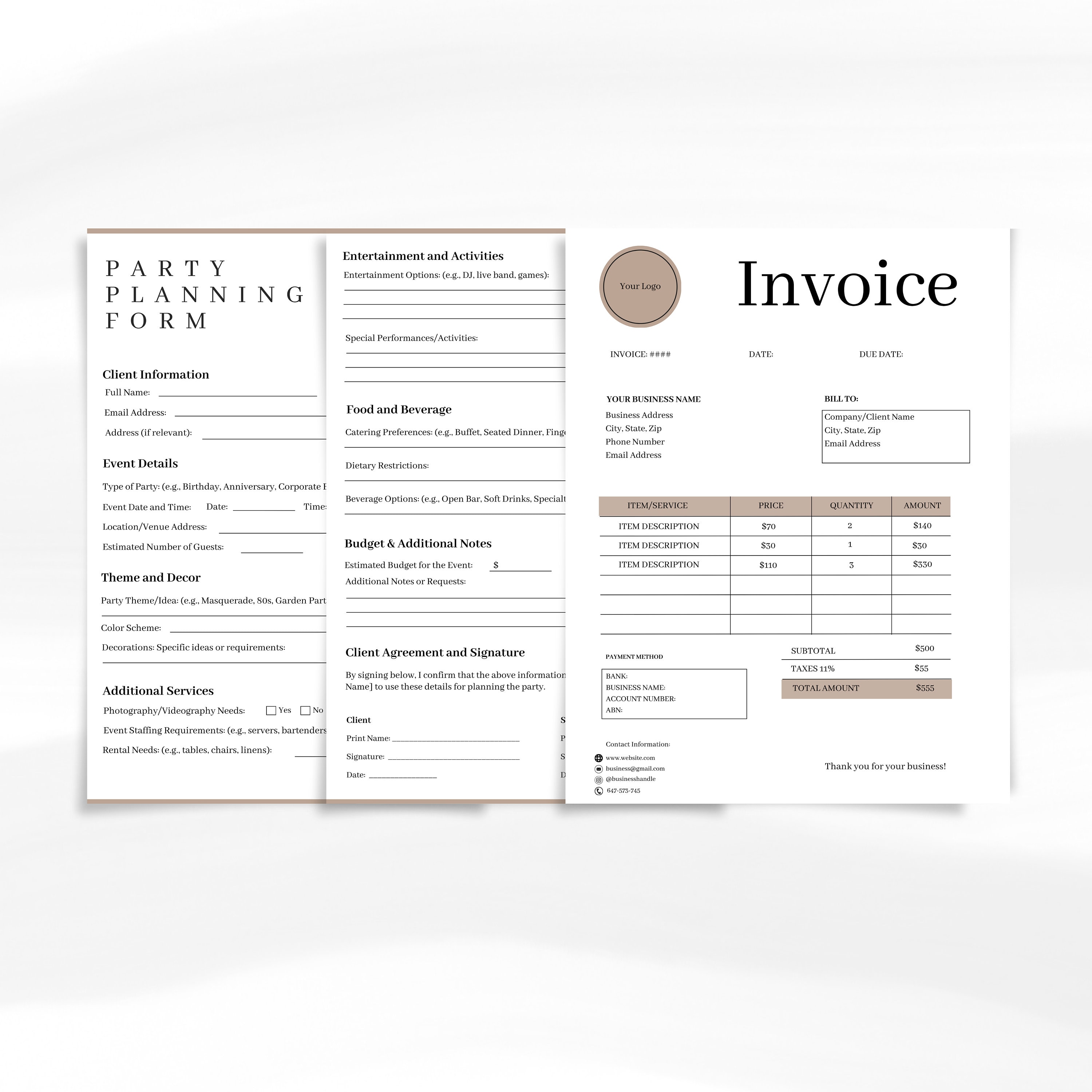Party Planning Form and Bonus Invoice Template Customizable Canva ...