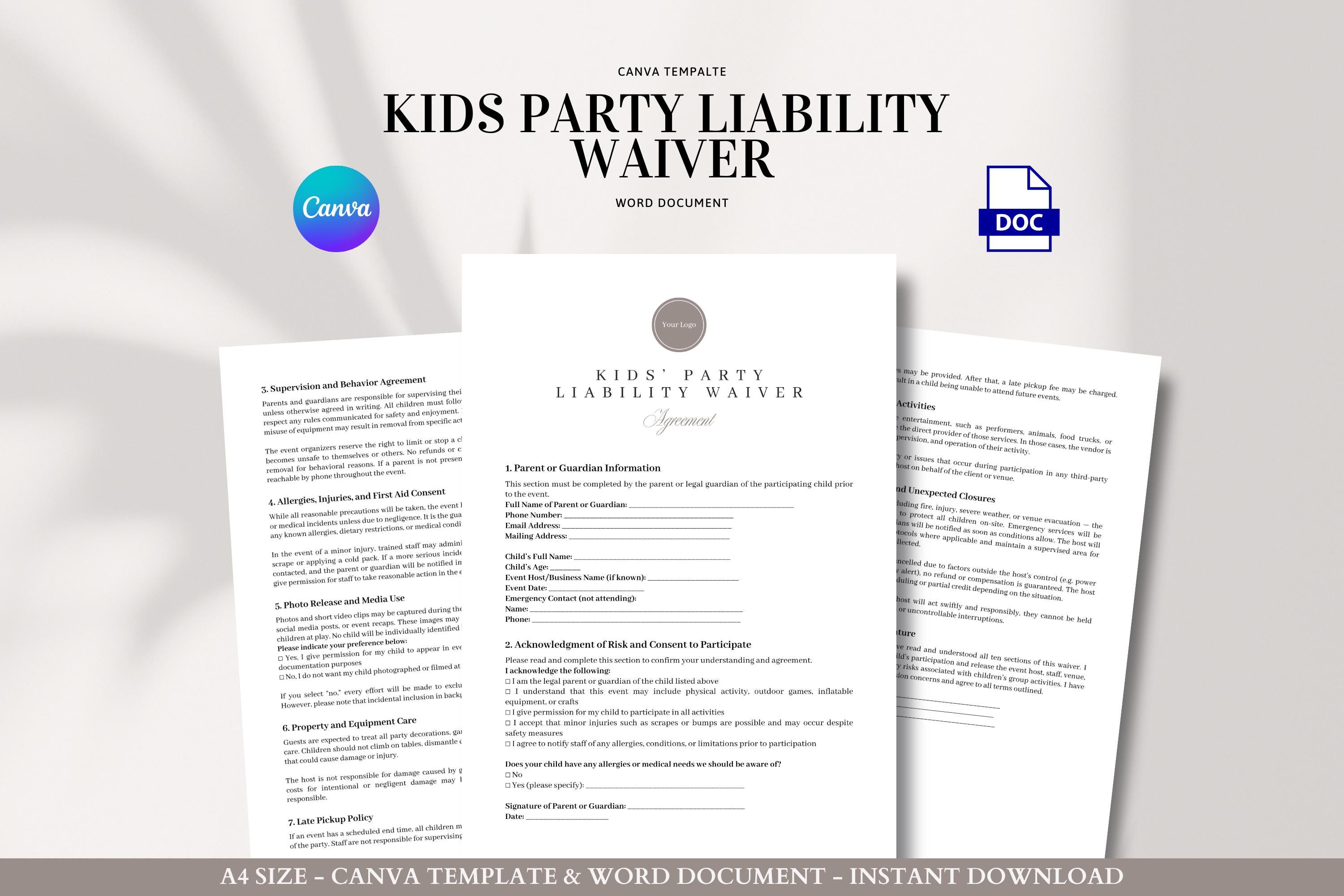 Kids Party Liability Waiver Template Editable Consent Form for Children ...
