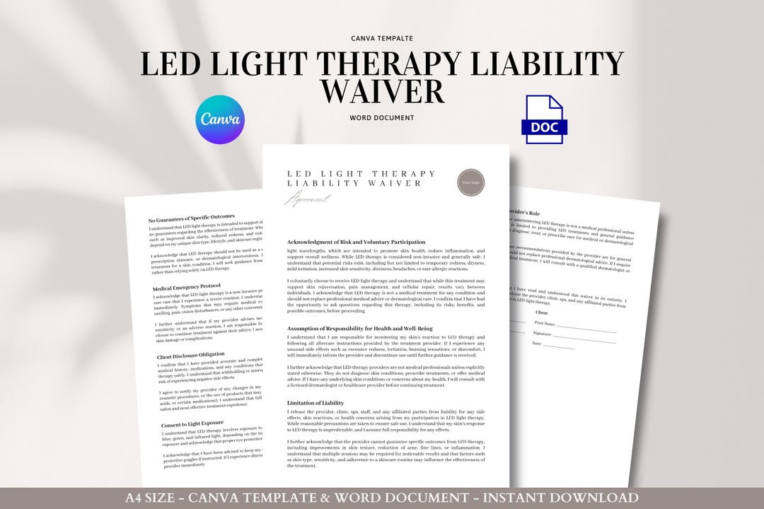 LED Light Therapy Liability Waiver Canva and Word Template for Clinics ...