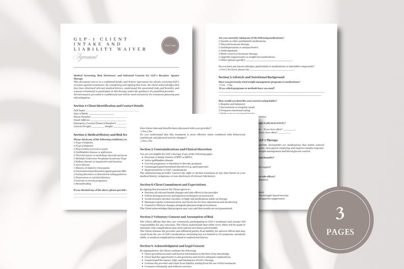 GLP 1 Liability Waiver Editable Intake Form for Semaglutide Tirzepatide ...