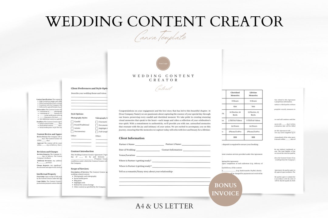 Wedding Content Creator Contract Template, Editable Social Media ...