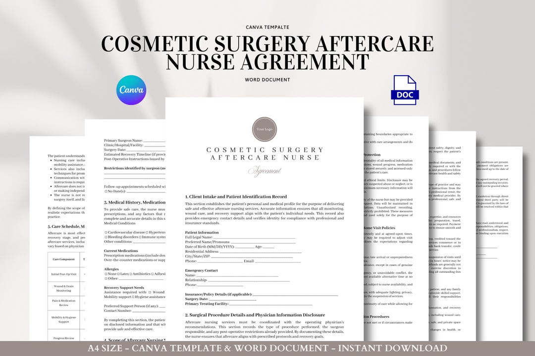 Cosmetic Surgery Aftercare Nurse Agreement Contract Template for Post ...