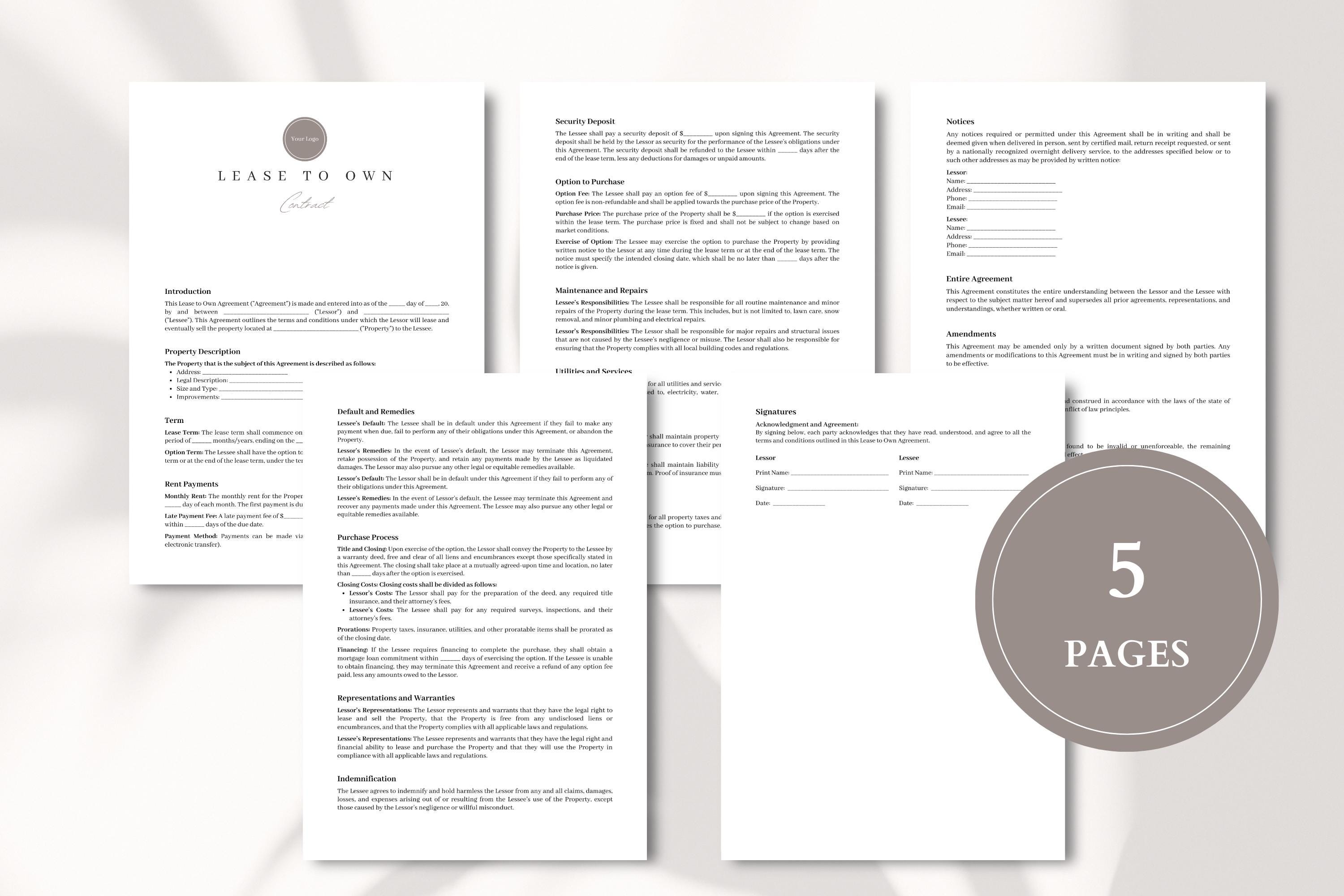 Lease to Own Agreement Canva Template - Professional Contract for ...