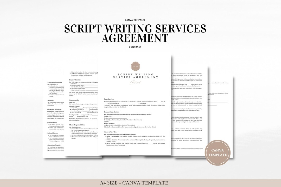 Script Writing Service Agreement Canva Template - Professional Contract ...