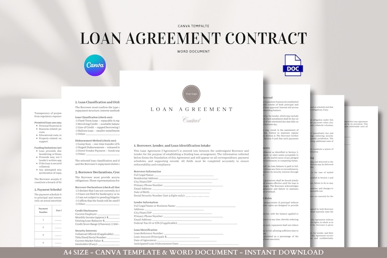 Loan Agreement Contract Template for Personal Lending, Business Loans, Secured Financing ...