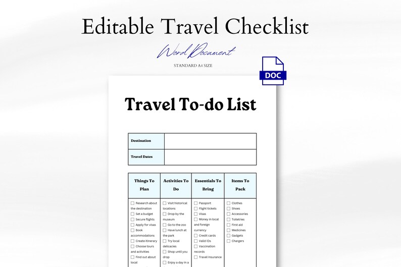 Editable Travel To-do List Template Word Document Plan Your Trip With ...