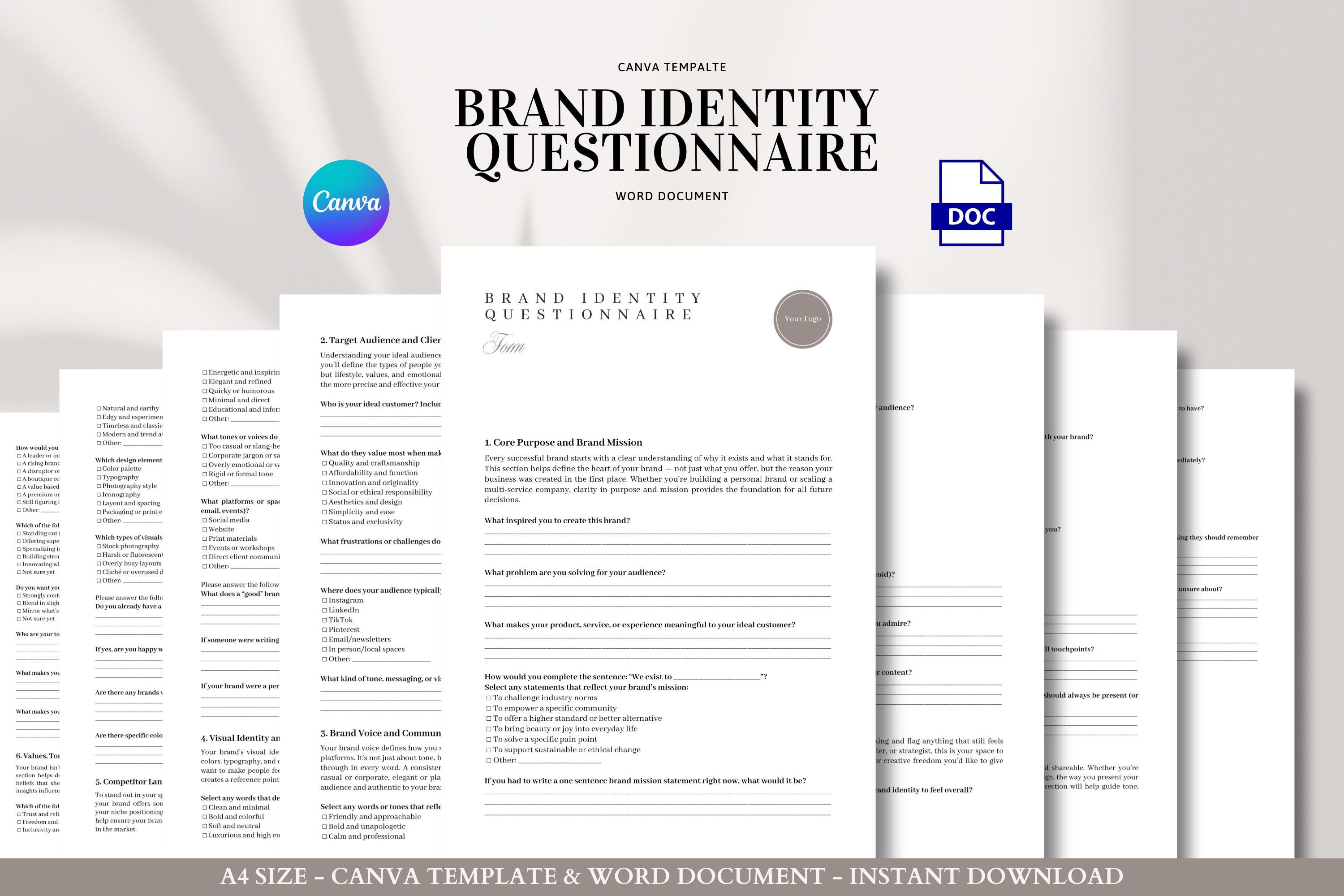 Brand Identity Questionnaire Template Editable Client Discovery Form ...