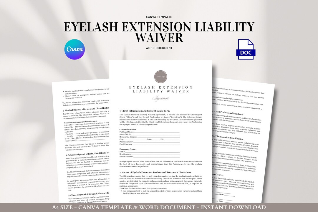 Eyelash Extension Liability Waiver Form Template for Lash Technicians ...