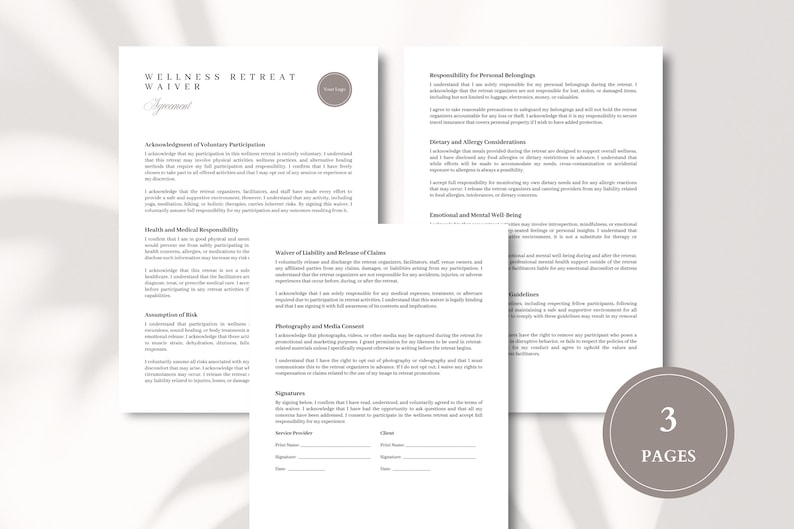 Wellness Retreat Waiver Editable Consent Form for Yoga Meditation Sound ...