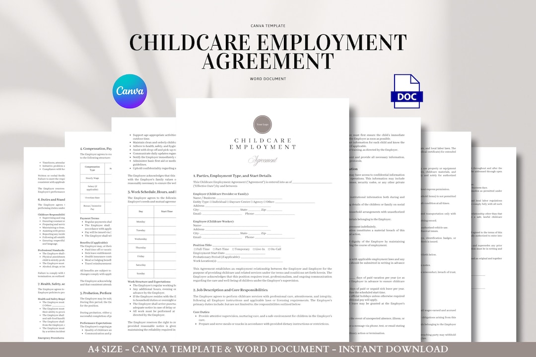 Childcare Employment Agreement Template for Nannies, Babysitters, and ...