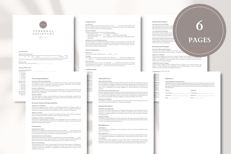 Personal Assistant Agreement Canva Template - Professional and ...