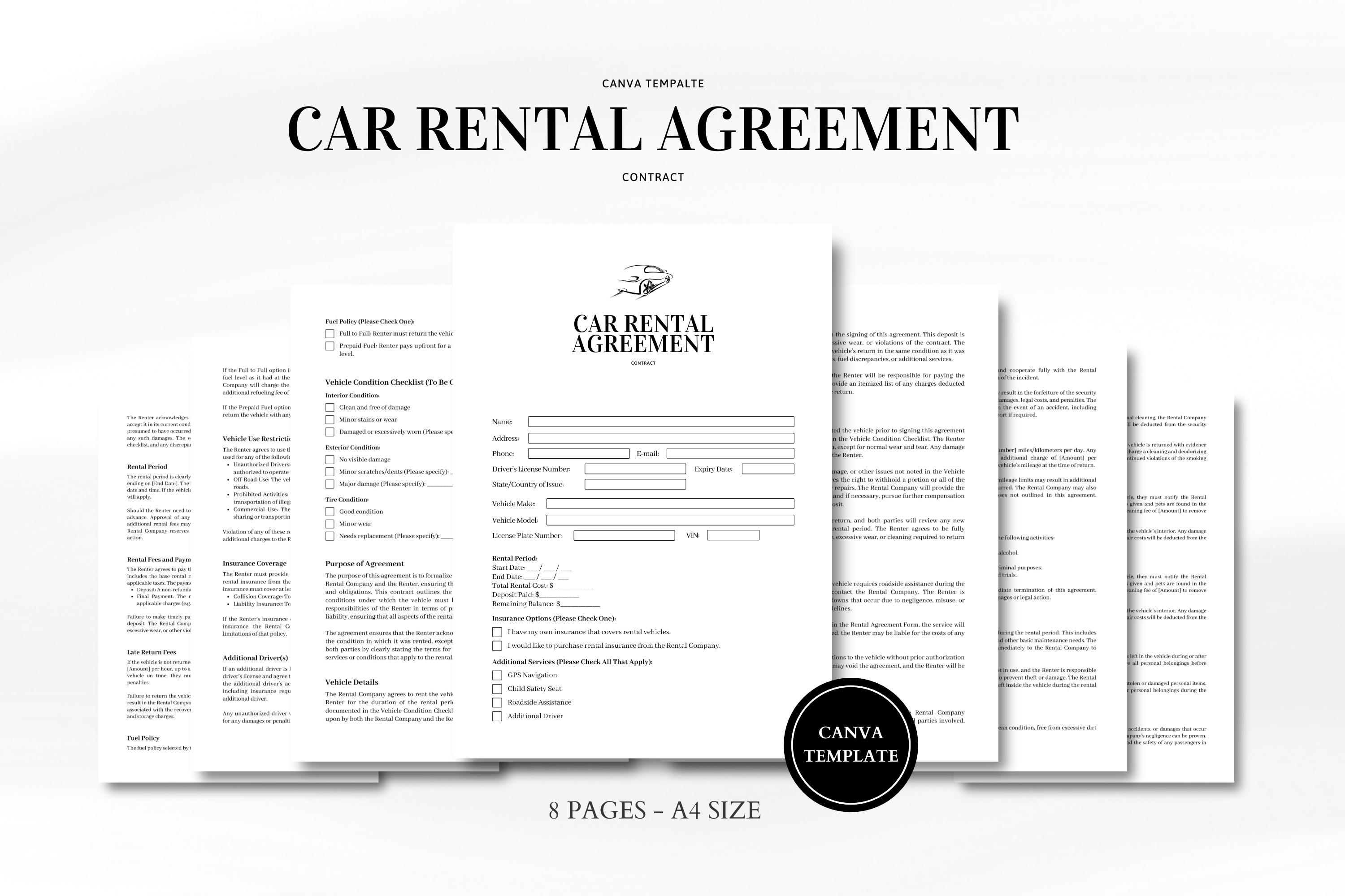 Complete Car Rental Agreement Template | Editable Vehicle Hire Contract ...