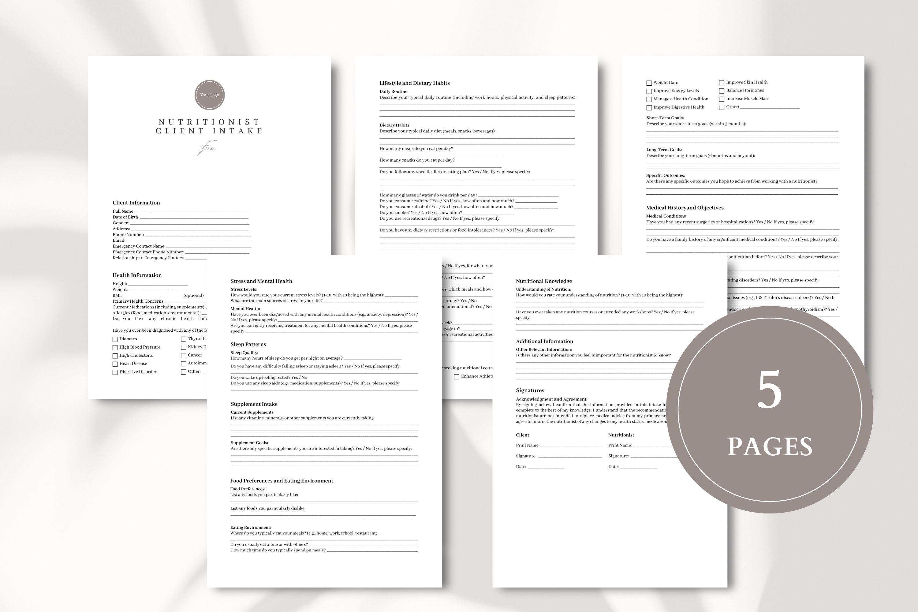 Nutritionist Client Intake Form - Professional Template for Nutritional ...