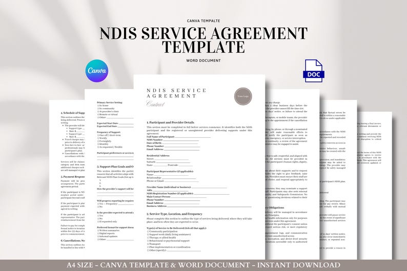 NDIS Service Agreement Template Editable Support Contract Participant Provider Plan Goals ...