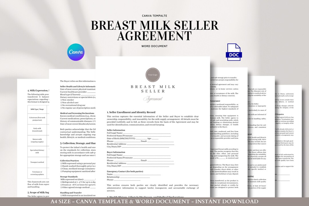 Breast Milk Seller Agreement Template for Donor Milk, Infant Feeding ...