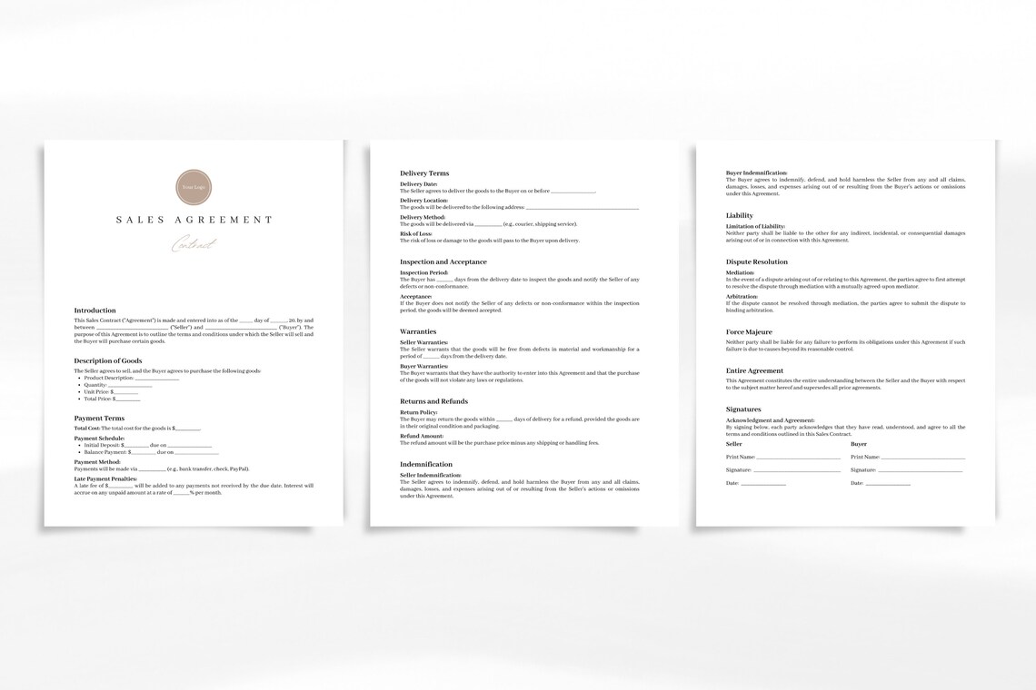 Sales Contract Template Digital Download Printable A4 & US Letter ...