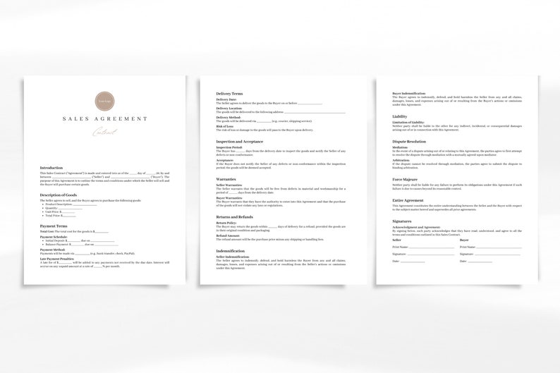 Sales Contract Template Digital Download Printable A4 & US Letter ...