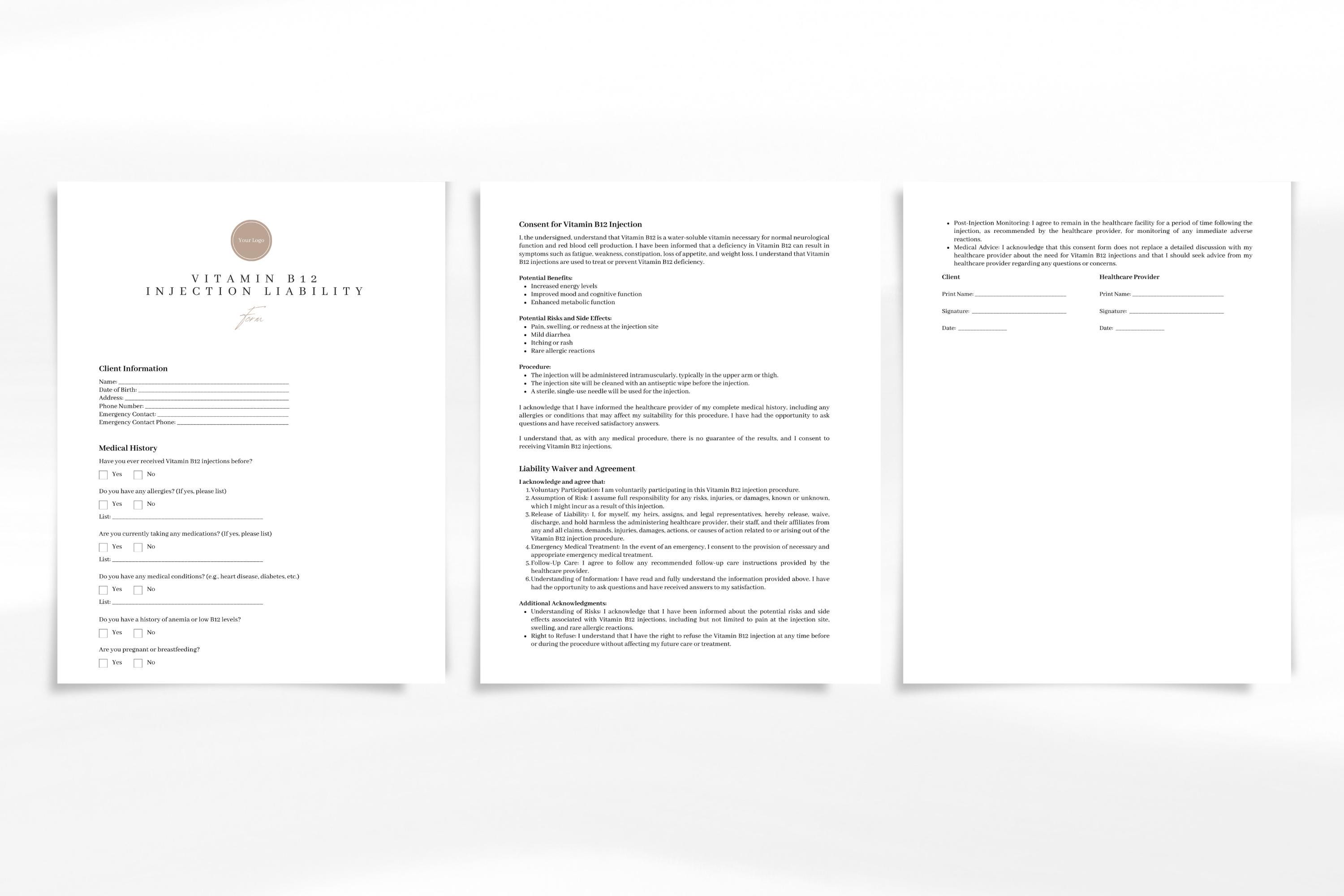 Vitamin B12 Injection Consent and Liability Form Editable Medical ...