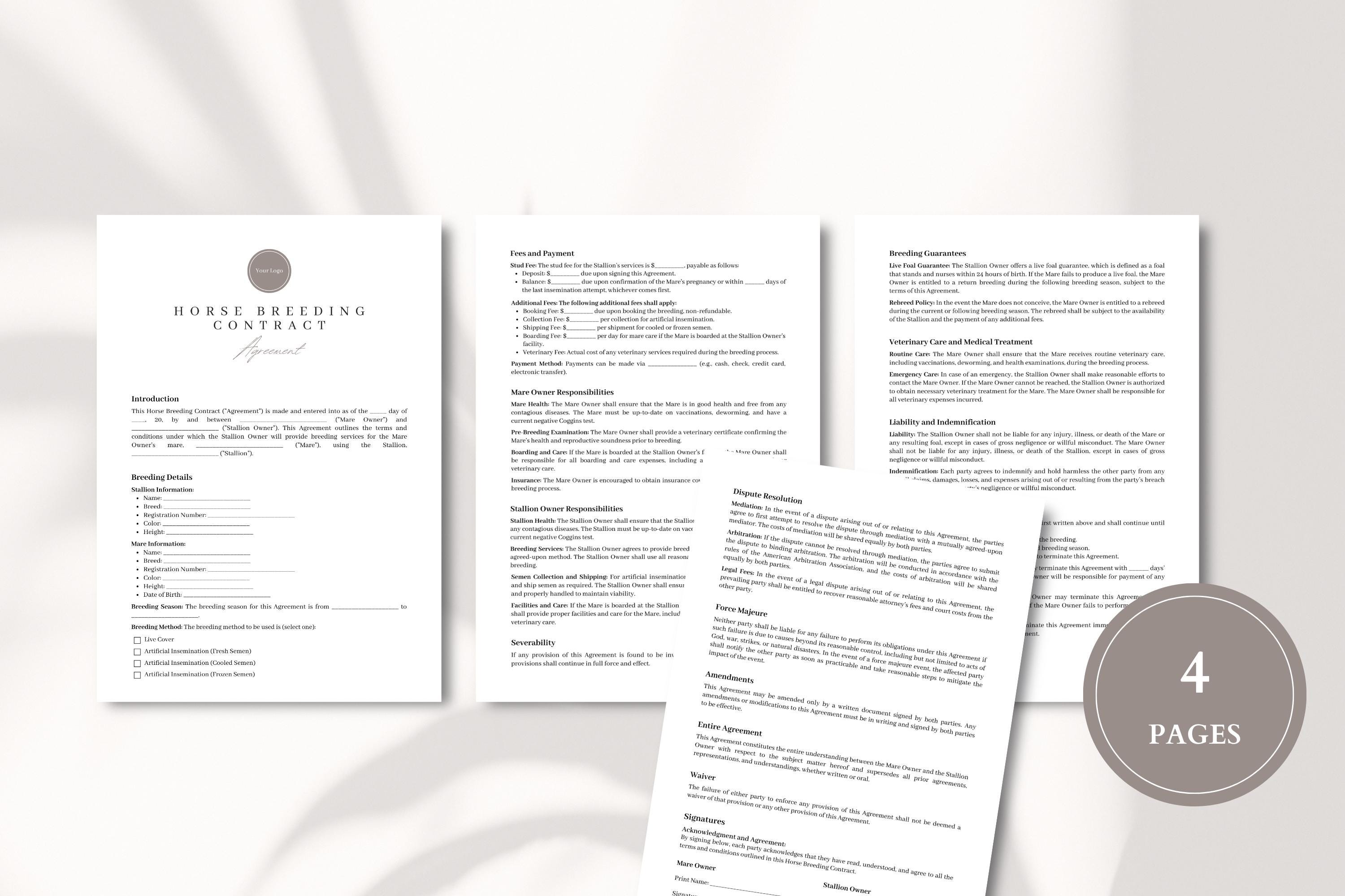 Horse Breeding Contract Canva Template - Professional Agreement for ...