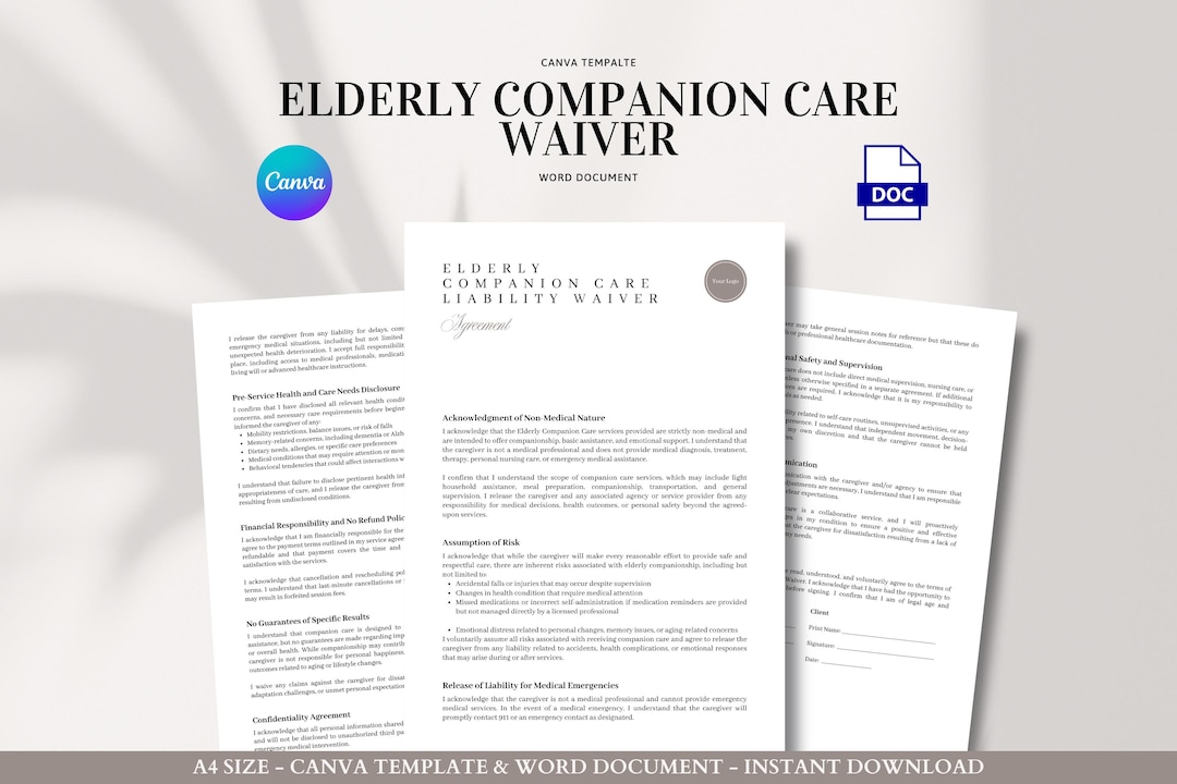 Elderly Companion Care Liability Waiver Template Editable Client ...