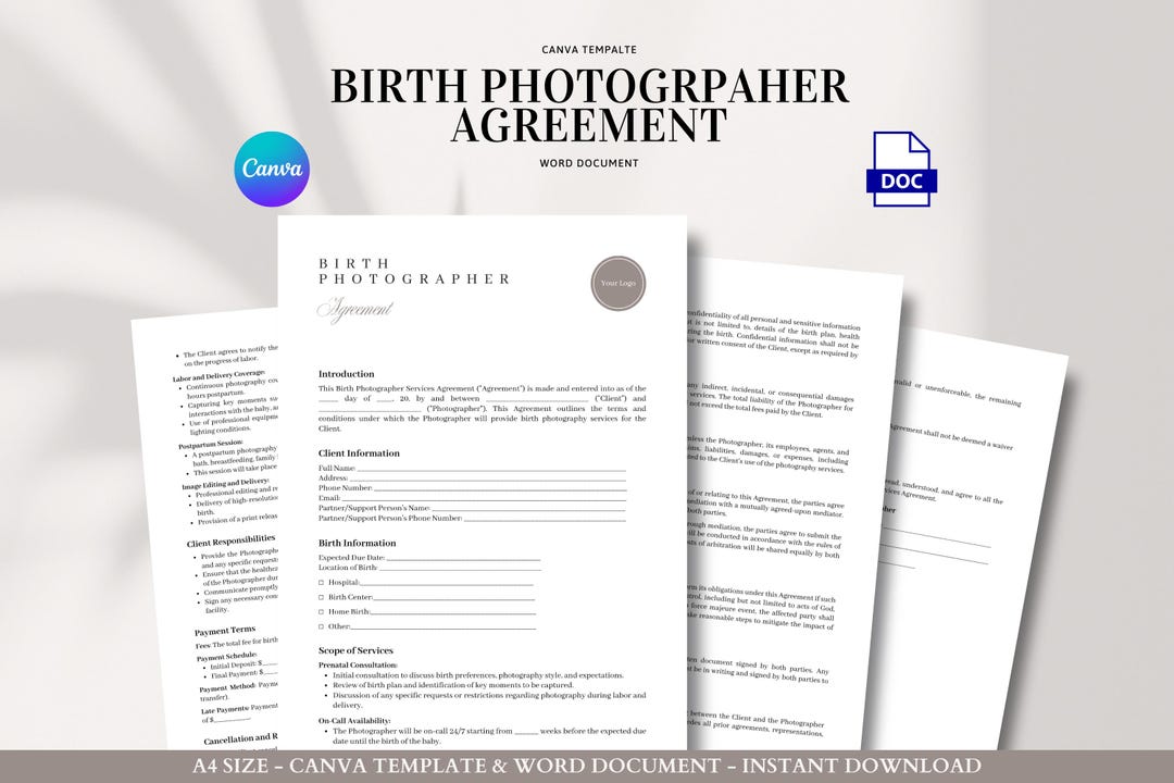 Birth Photographer Contract Editable Agreement Template for Labor ...