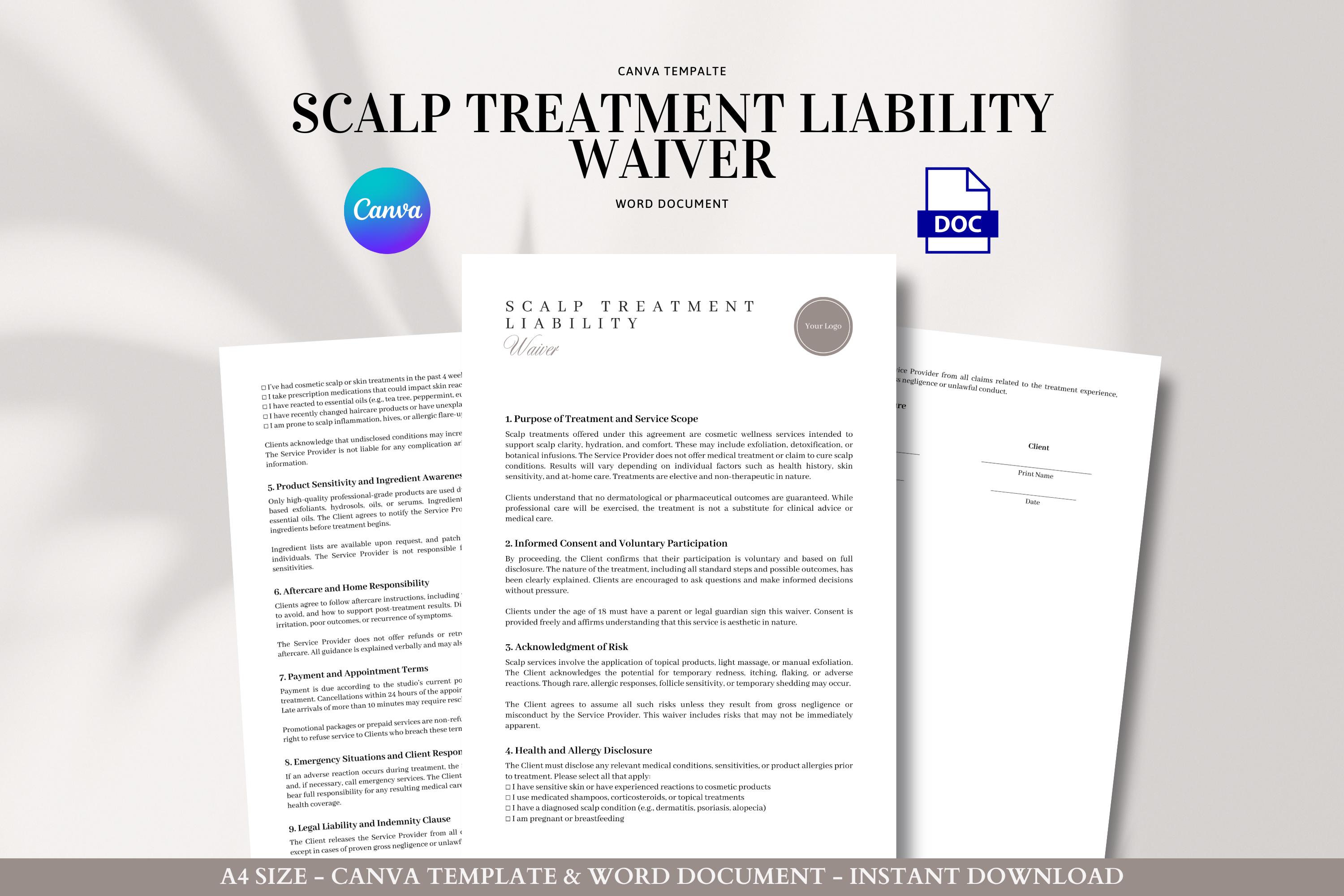 Scalp Treatment Liability Waiver Form Canva and Word Template for Hair ...
