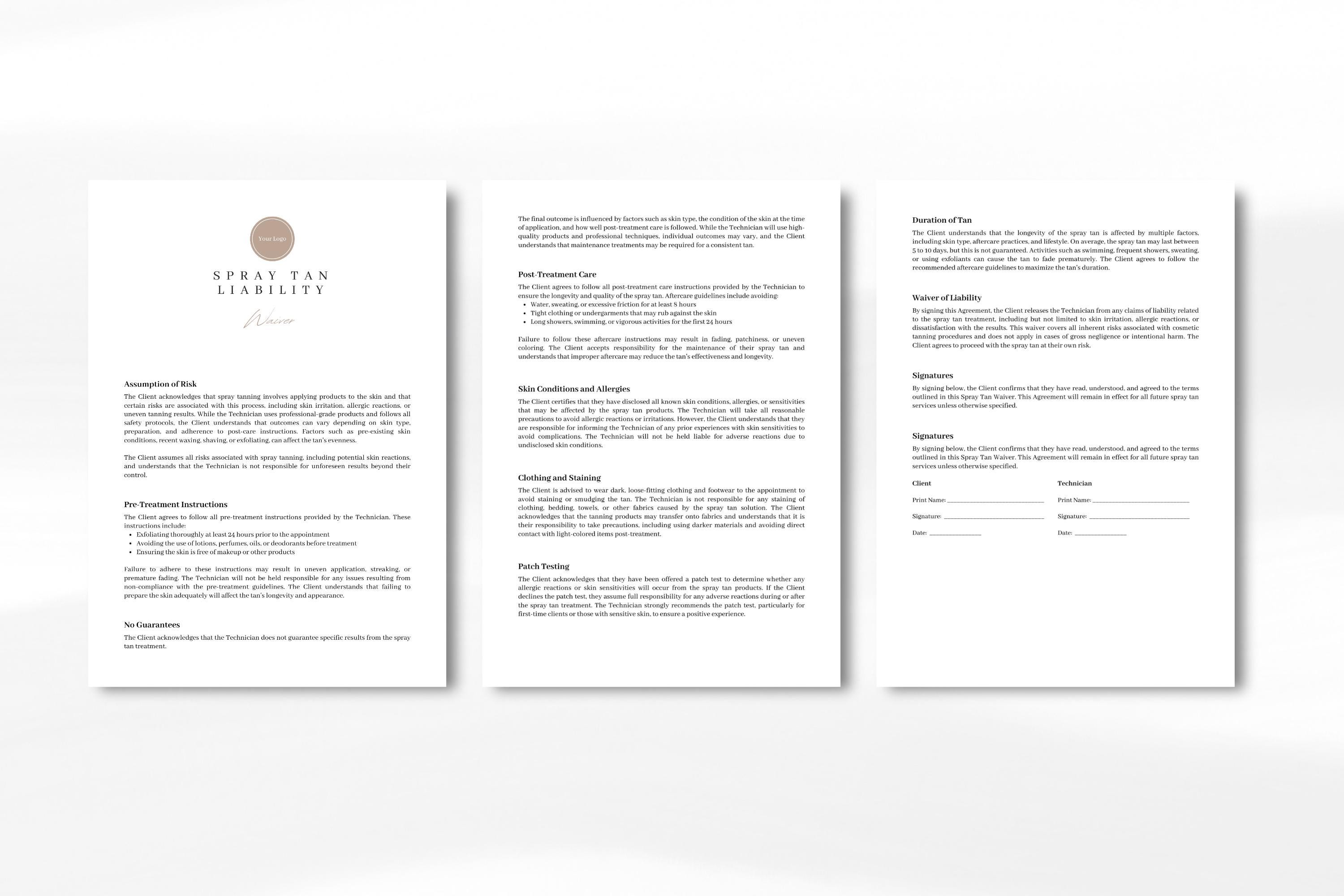 Spray Tan Waiver Template Client Consent & Liability Form for Tanning ...