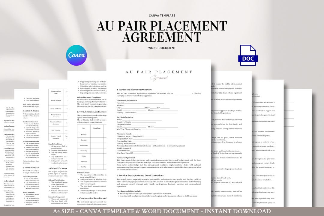 Au Pair Placement Agreement Template for Host Families & Agencies ...