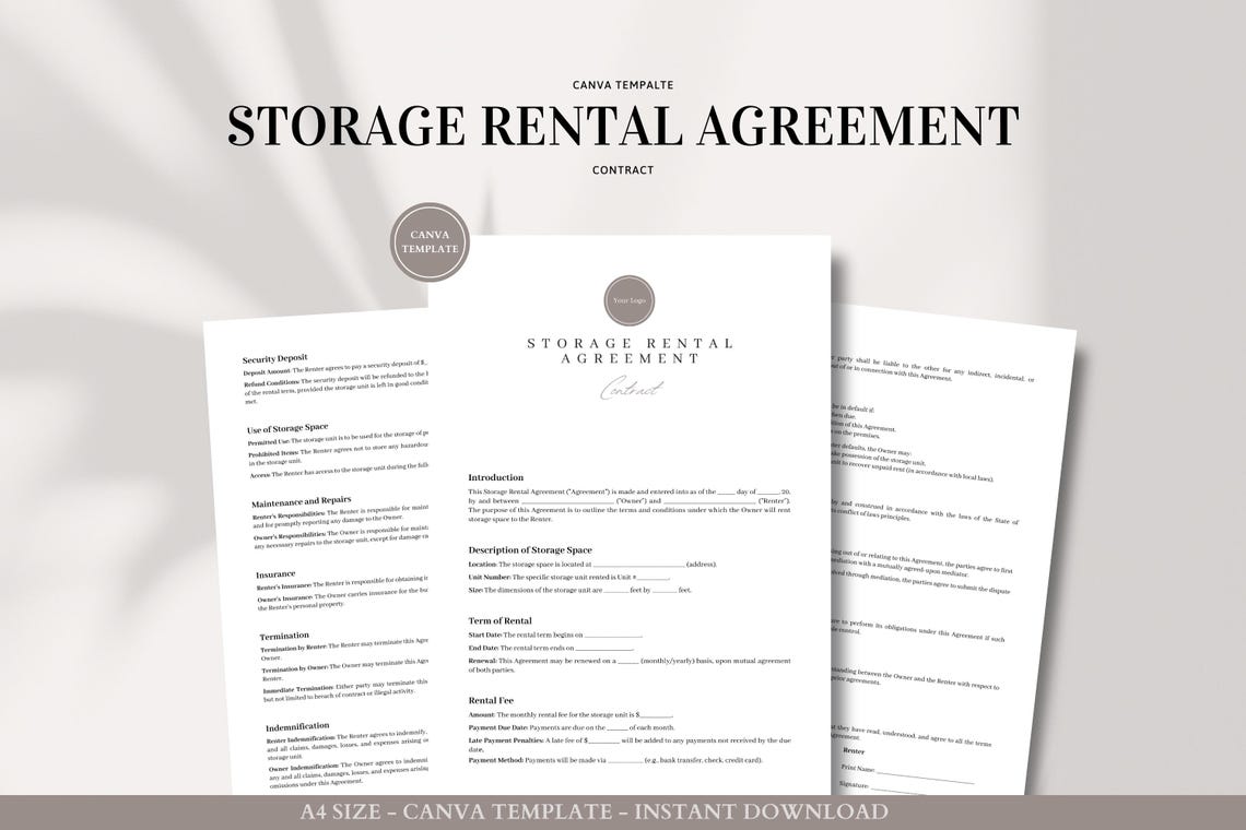 Storage Rental Agreement Template - Canva Editable Digital Download ...