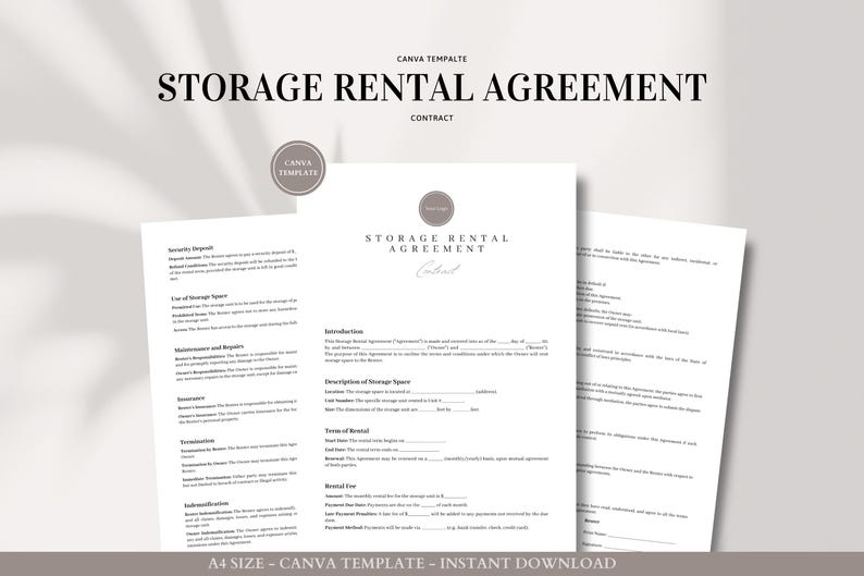 Storage Rental Agreement Template - Canva Editable Digital Download ...