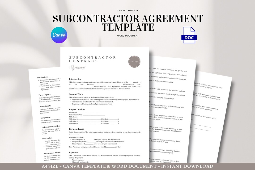 Subcontractor Agreement Template Editable Contractor Contract for Scope ...