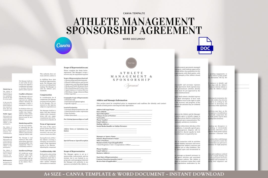 Athlete Management Sponsorship Agreement Template Editable Contract for ...