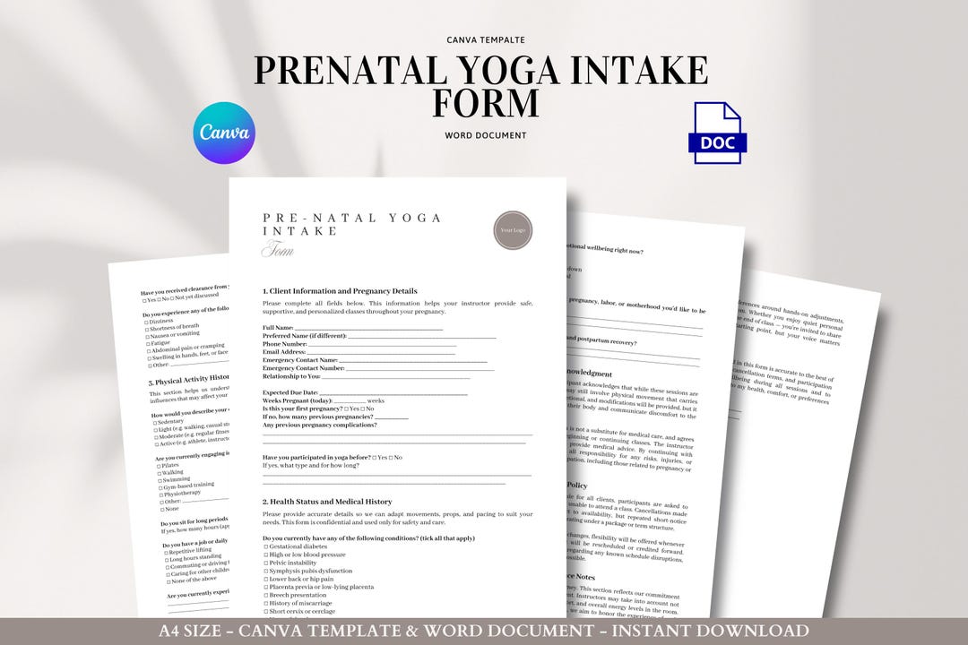 Prenatal Yoga Intake Form Template Editable Client Questionnaire Waiver ...