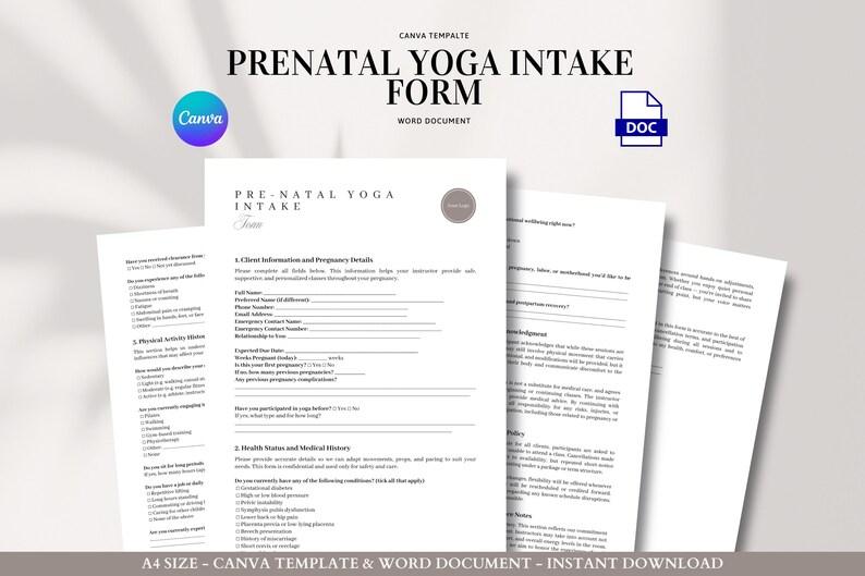 Prenatal Yoga Intake Form Template Editable Client Questionnaire Waiver ...