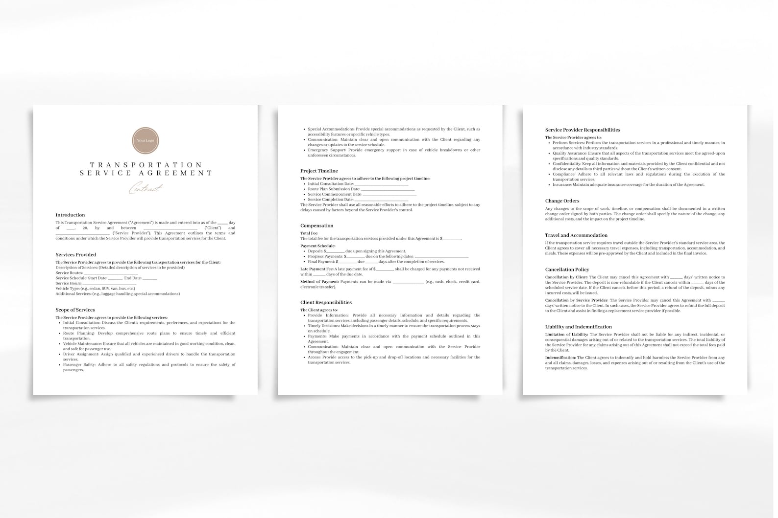 Transportation Service Agreement Template Professional Contract for ...